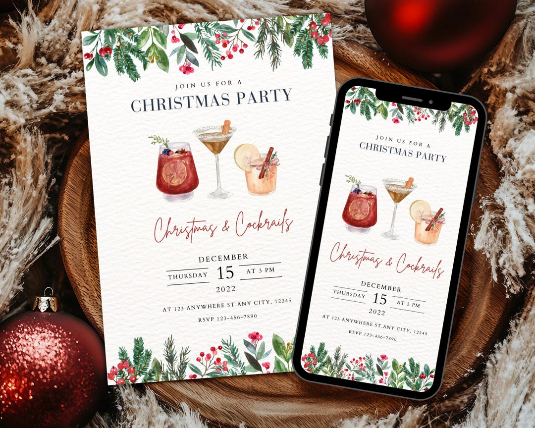Christmas Cocktail Party Invitation Template, Editable Christmas Party ...