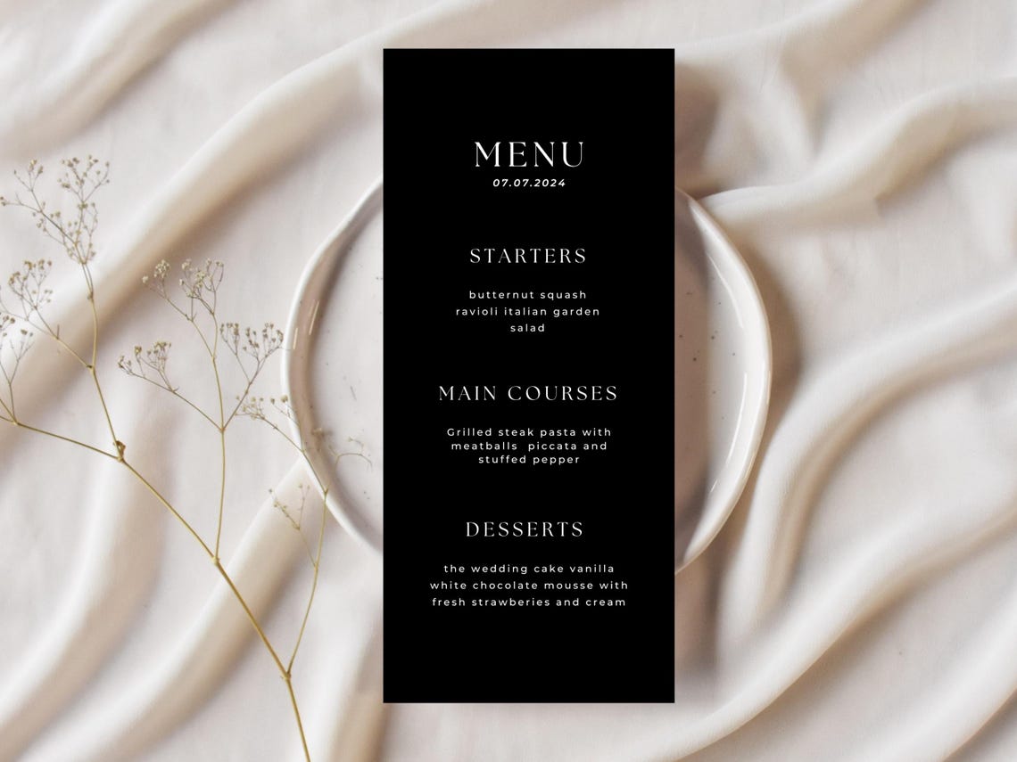 Modern Script Wedding Menu Template, Monochrome Wedding Table Menu ...