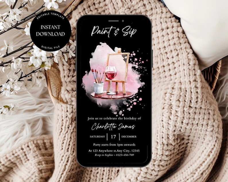 Sip and Paint Party Digital Invitation, Editable Sip & Paint Party ...