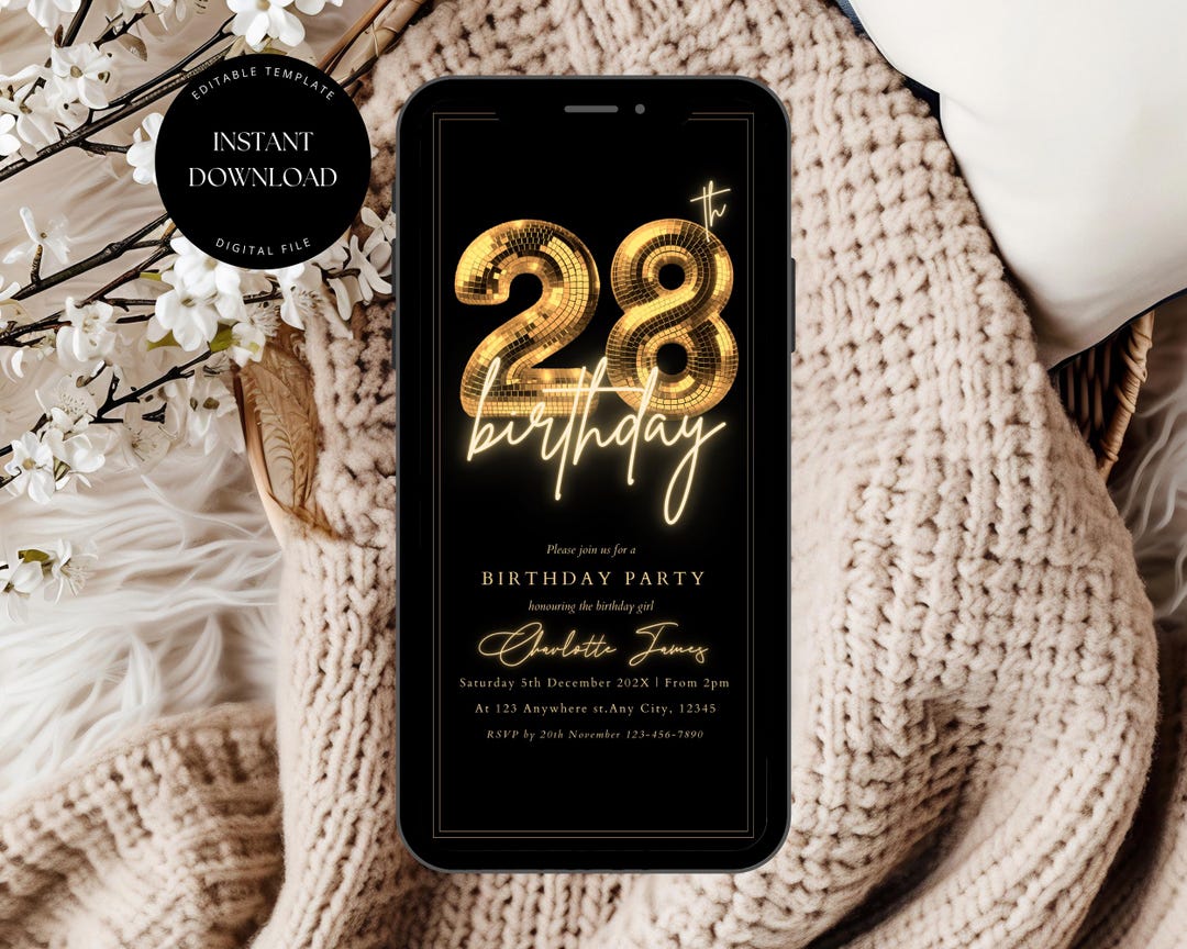 28th Birthday Party Invitation Template, Editable 28th Birthday Invitation, Custom 28th Digital ...