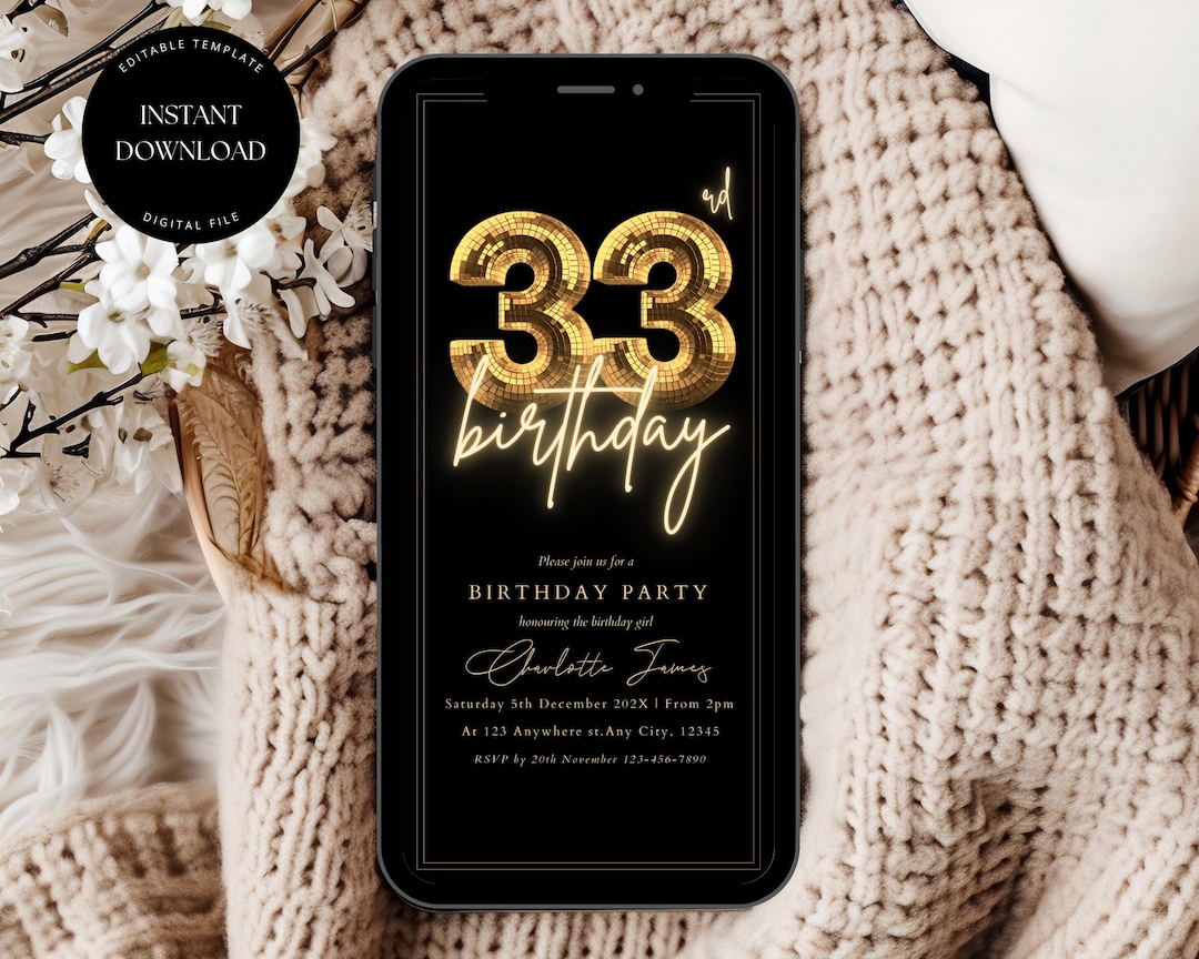 33rd Birthday Party Digital Invitation, Editable 33rd Birthday Party ...
