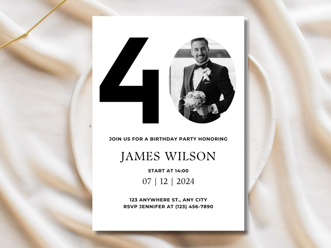 40th Invitation With Photo, 40th Birthday Invitation Template, Simple ...