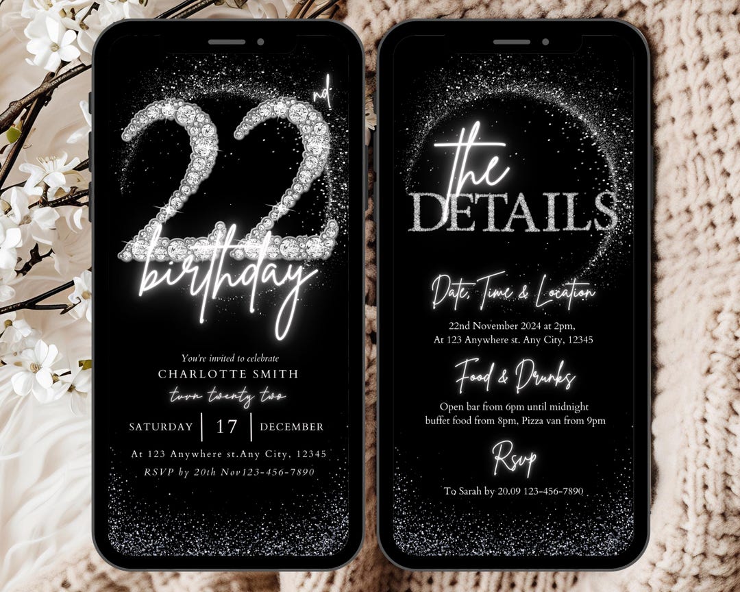 22nd Birthday Party Invitation Template, 22nd Digital Invitation for ...