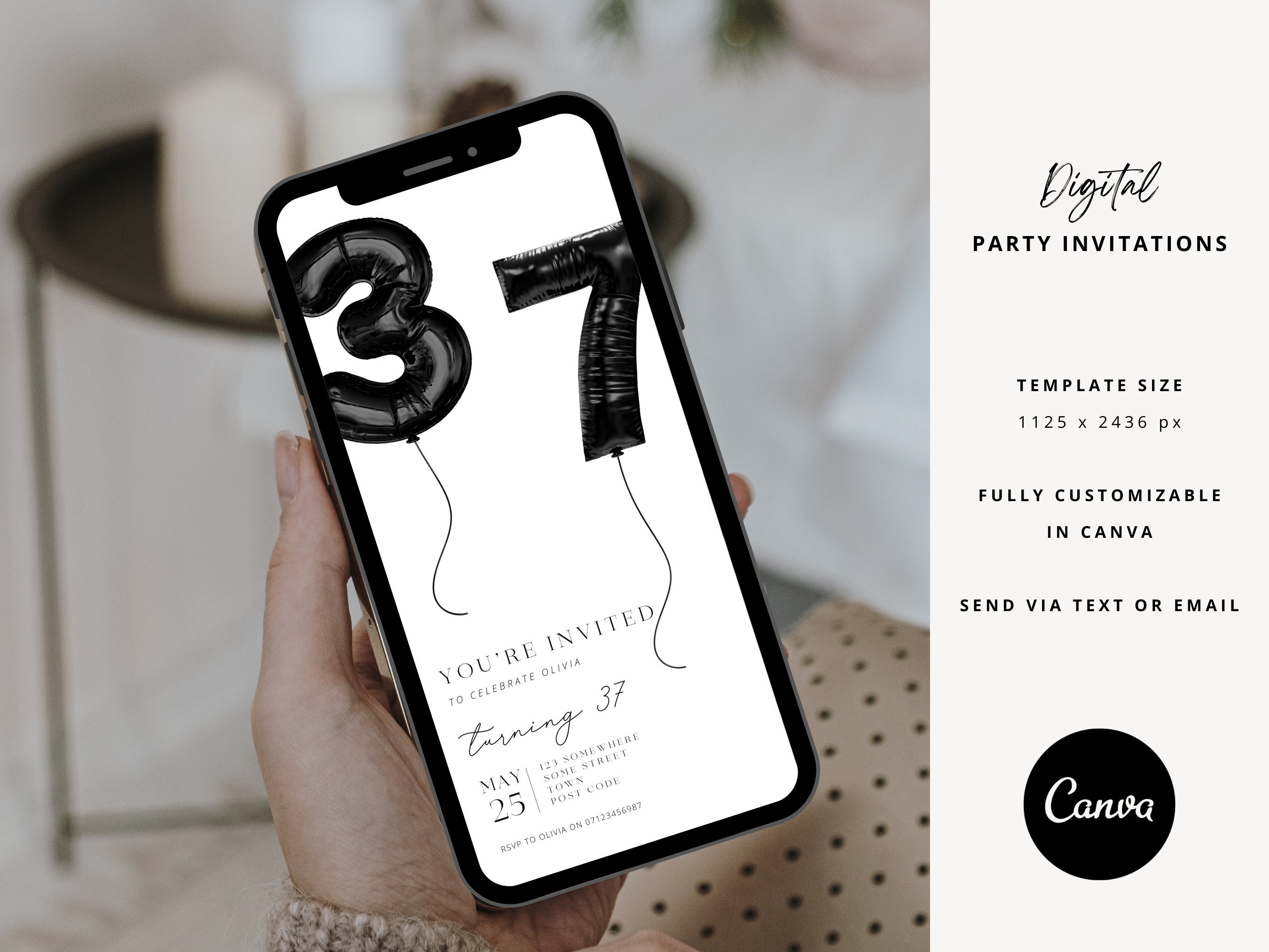 Digital 37th Birthday Invitation, 37th Birthday Party Invitation ...