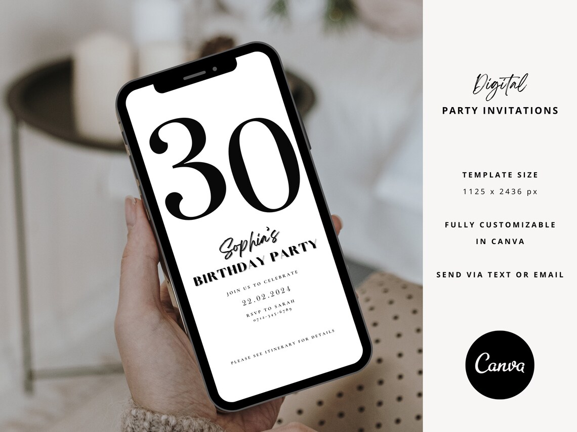 Editable Digital 30th Birthday Party Invitation Template, Modern 30th ...