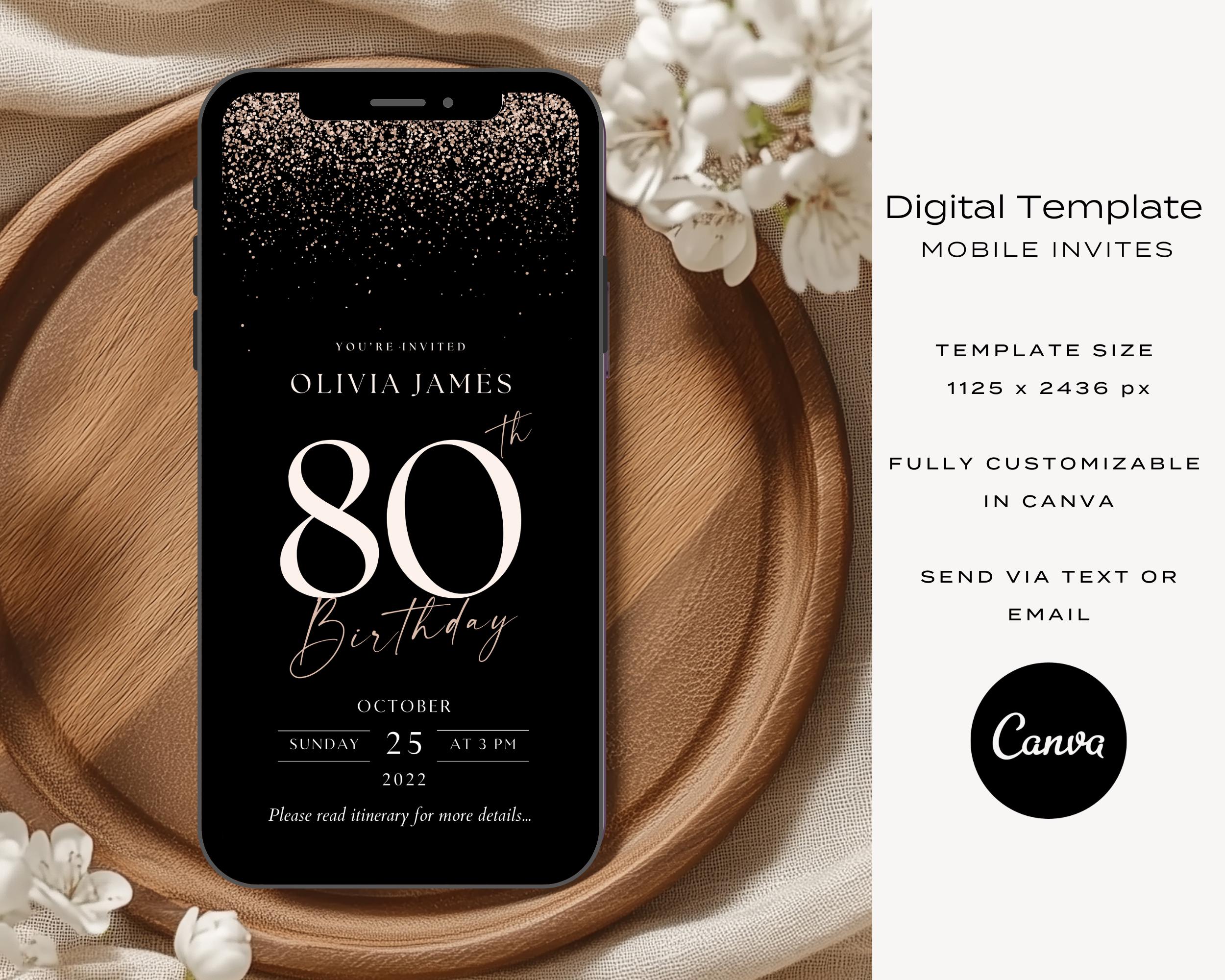 Editable 80th Birthday Party Invitation Template, 80th Birthday Digital ...