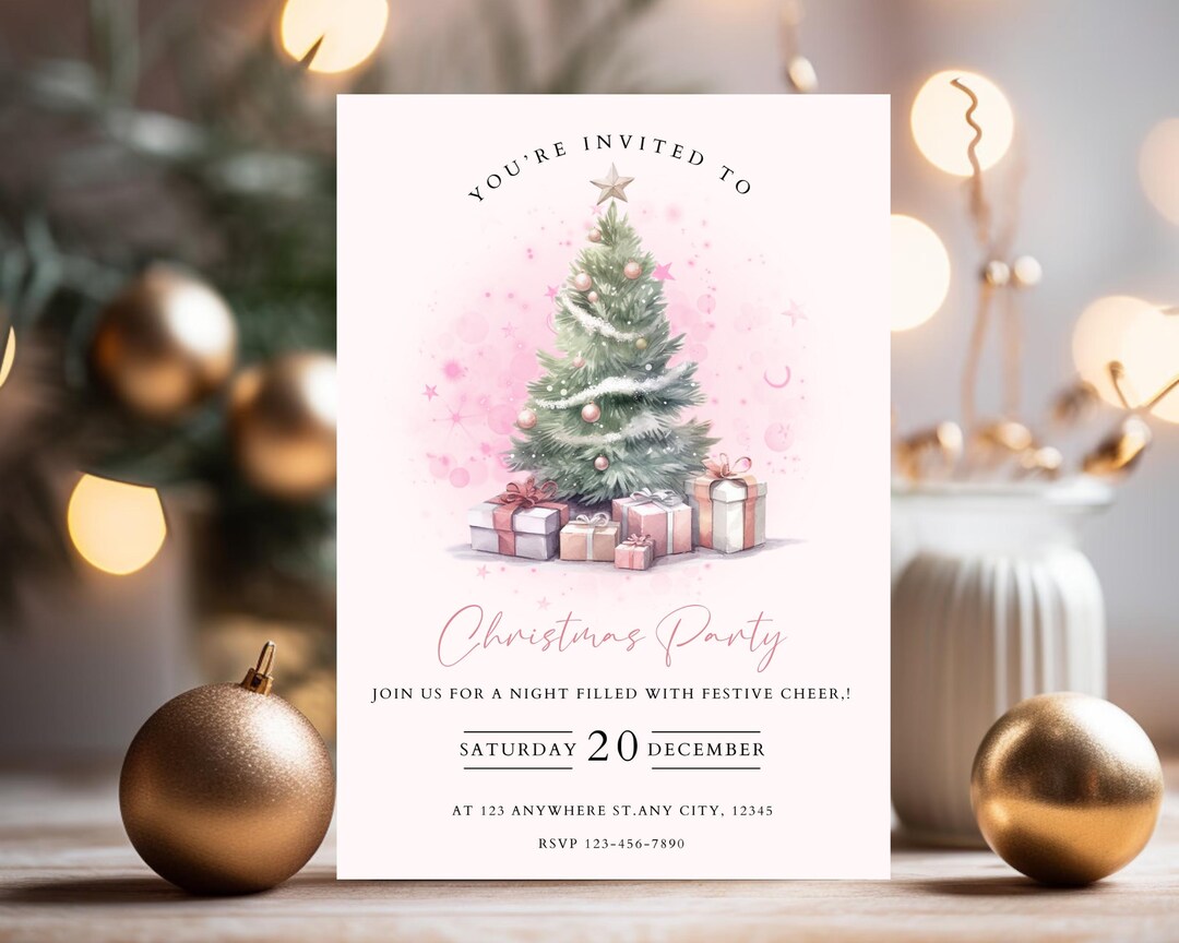 Editable Pink Christmas Party Invitation Template, Christmas Birthday ...