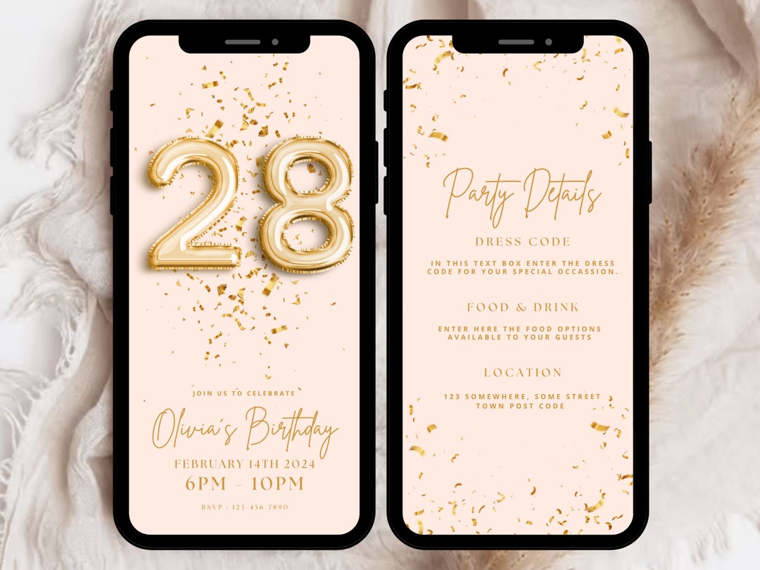 Digital 28th Birthday Invitation Template, 28th Birthday Electronic Invitation, Editable 28th ...