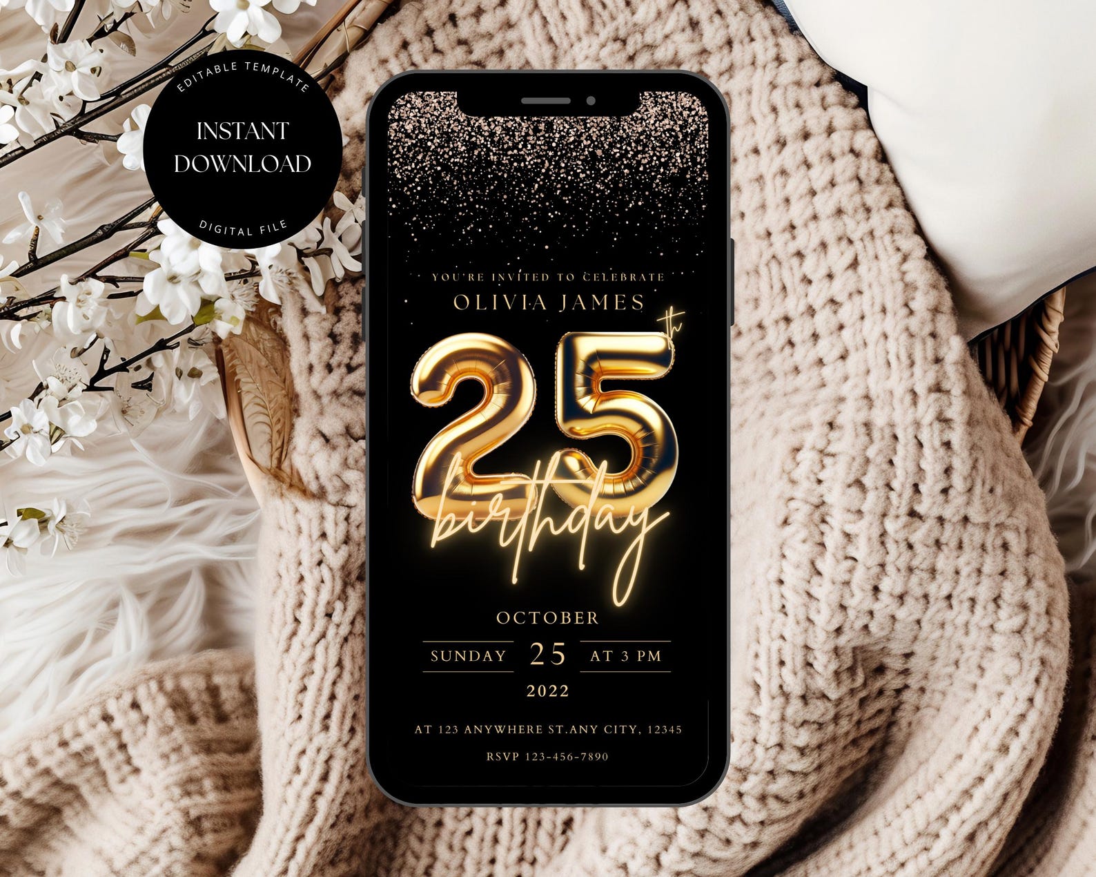 25th Birthday Party Invitation Template, Women's 25th Party Invite ...