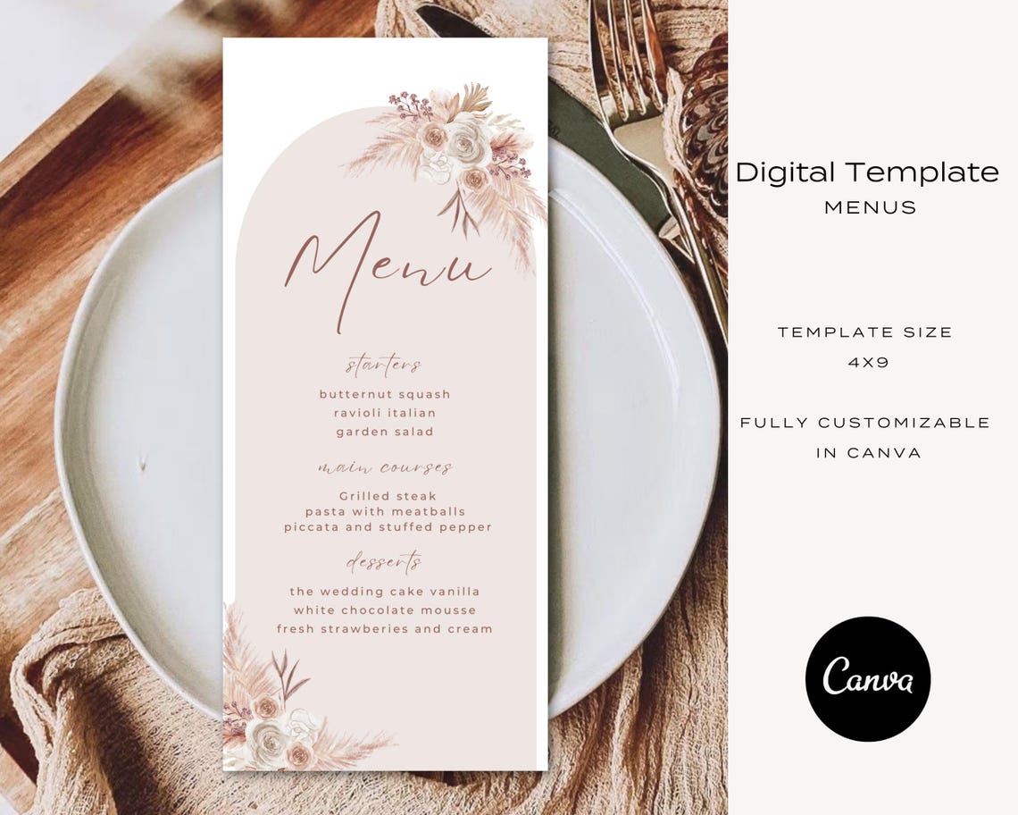 Boho Wedding Menu Downloadable Template, Boho Wedding Breakfast Menu ...