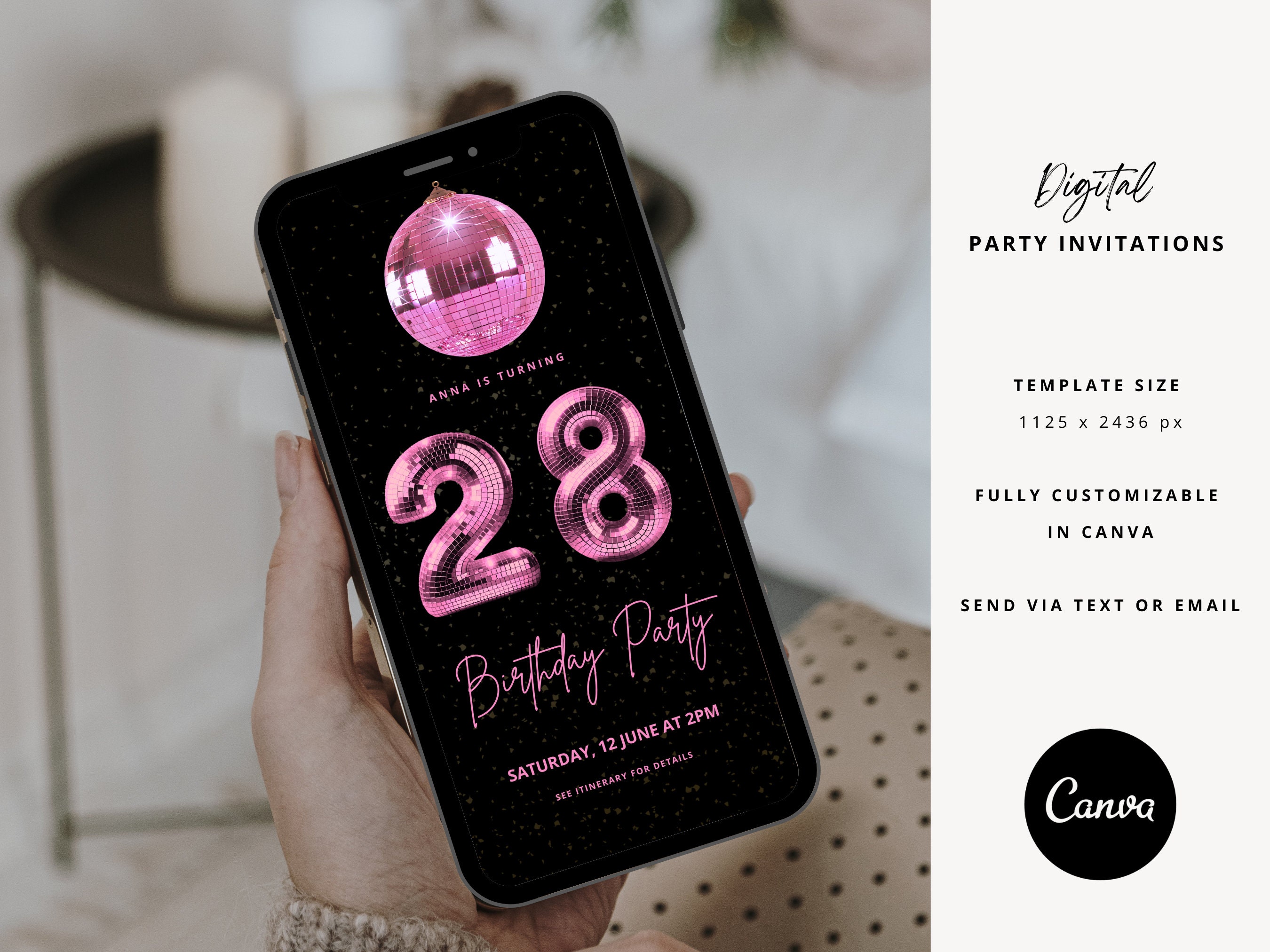 Digital 28th Birthday Invitation, Pink 28th Party Invitation, Digital ...