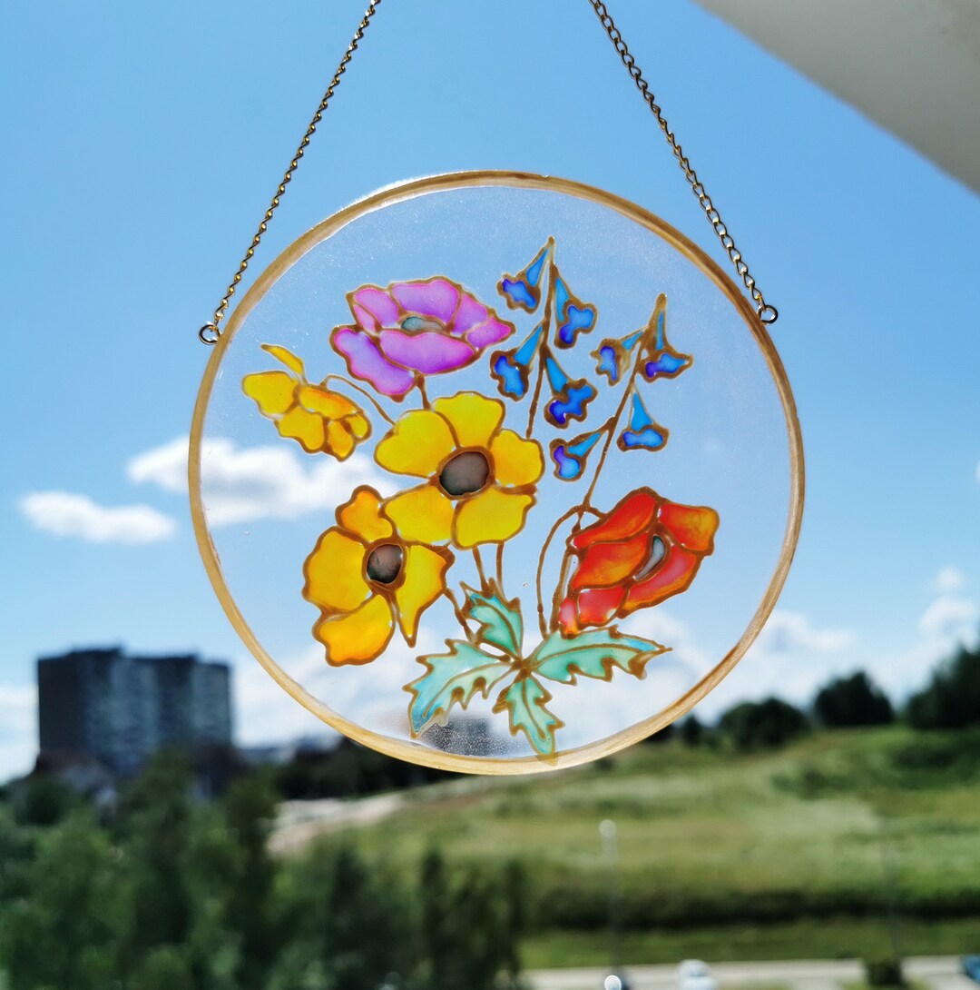 Window Hanging Stained Glass Flowers Suncatcher for Window Framed Glass ...