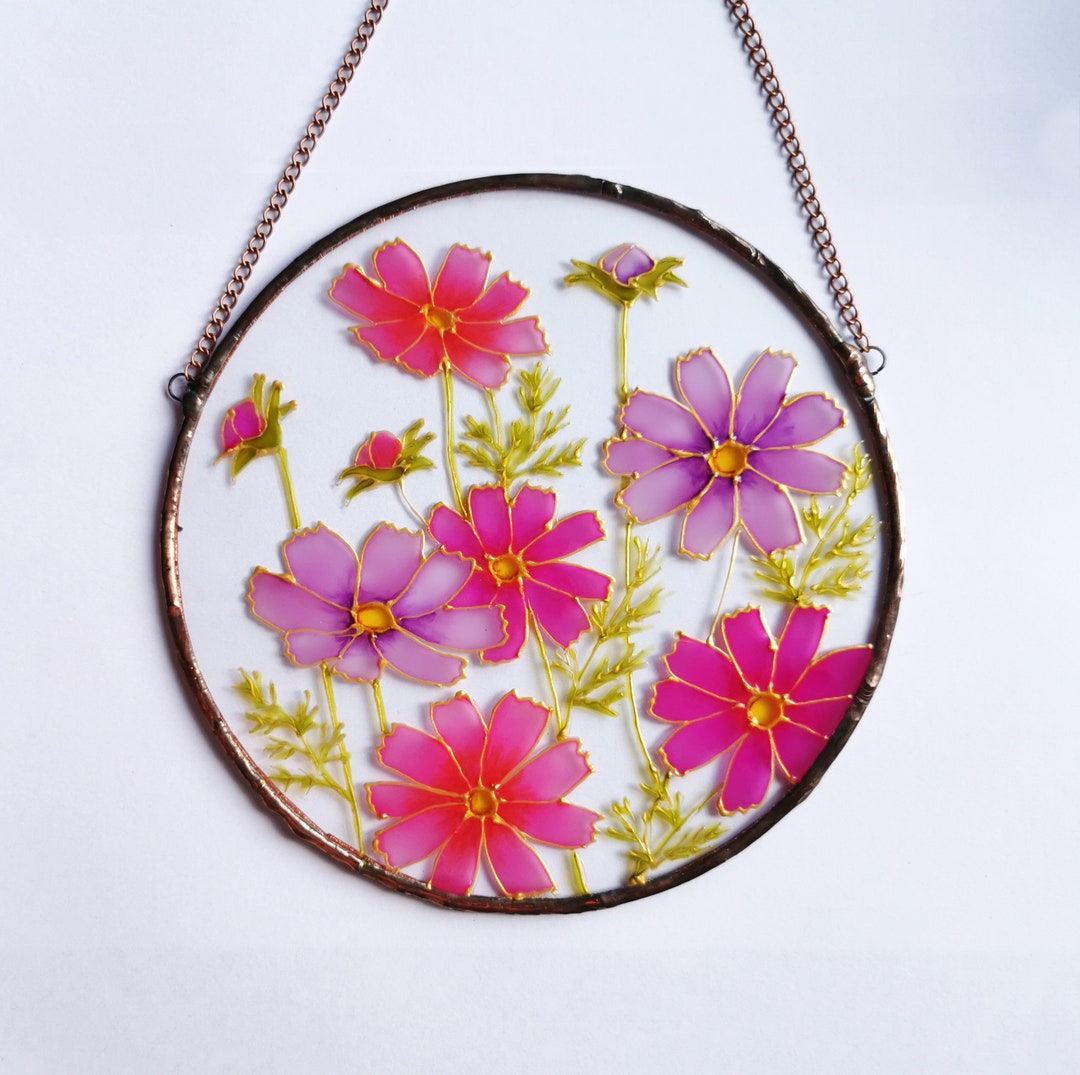 Stain Glass Suncatcher Cosmos Flower Painting on Glass Art Botanical ...