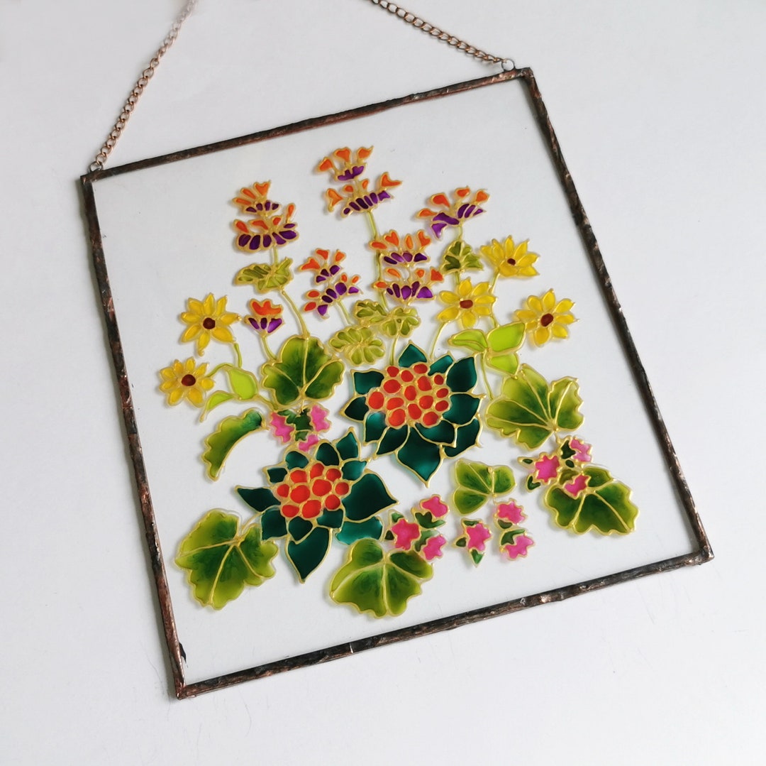 Suncatcher Stained Glass Botanic Painting on Glass Art Flower Window ...