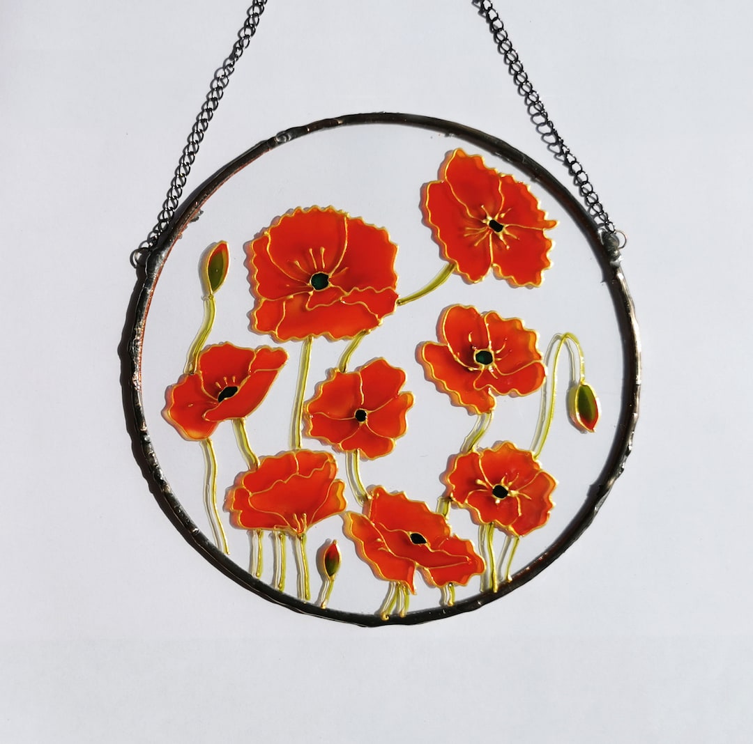 Poppy Sun Catcher Stained Glass Window Hangings Flower Window Decor ...