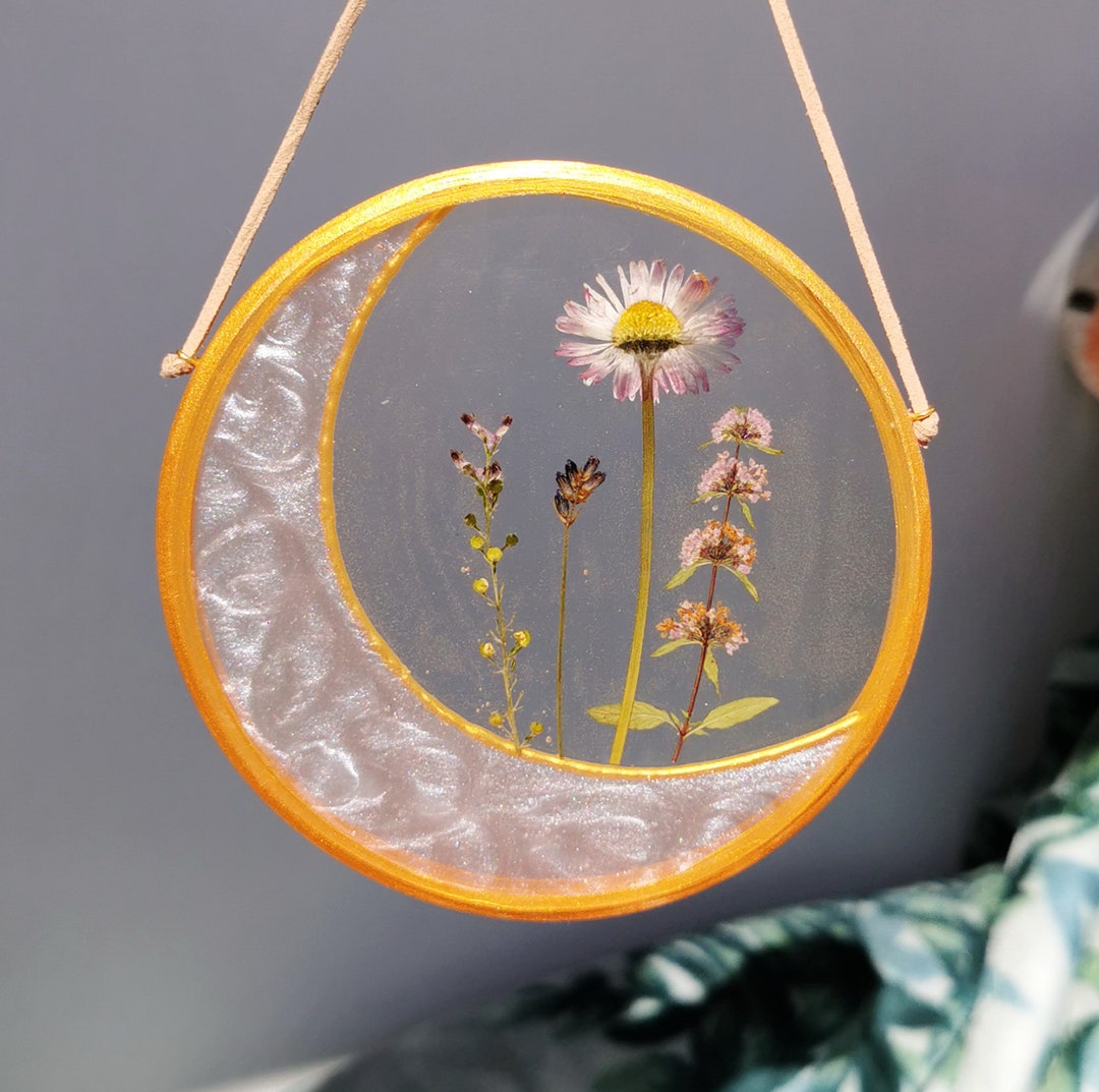 Floral Moon Flowers Art Crescent Moon Boho Home Decor Resin Suncatcher ...