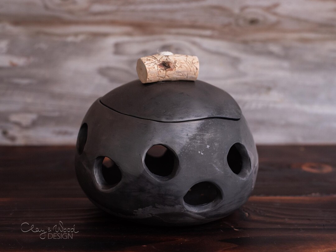 Black Ceramic Pot With Holes and Lid. Onions and Garlics Jar. Handmade ...