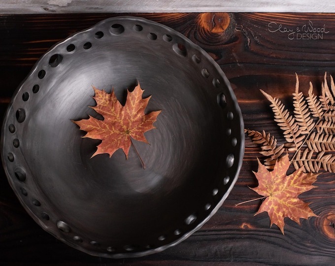 Large Handmade Black Ceramic Bowl With Decorative Holes. Fruit Vessel ...
