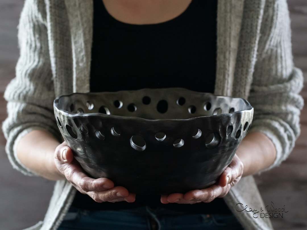 Black Large 9 Inch Handmade Ceramic Bowl With Decorative Holes Fruit ...
