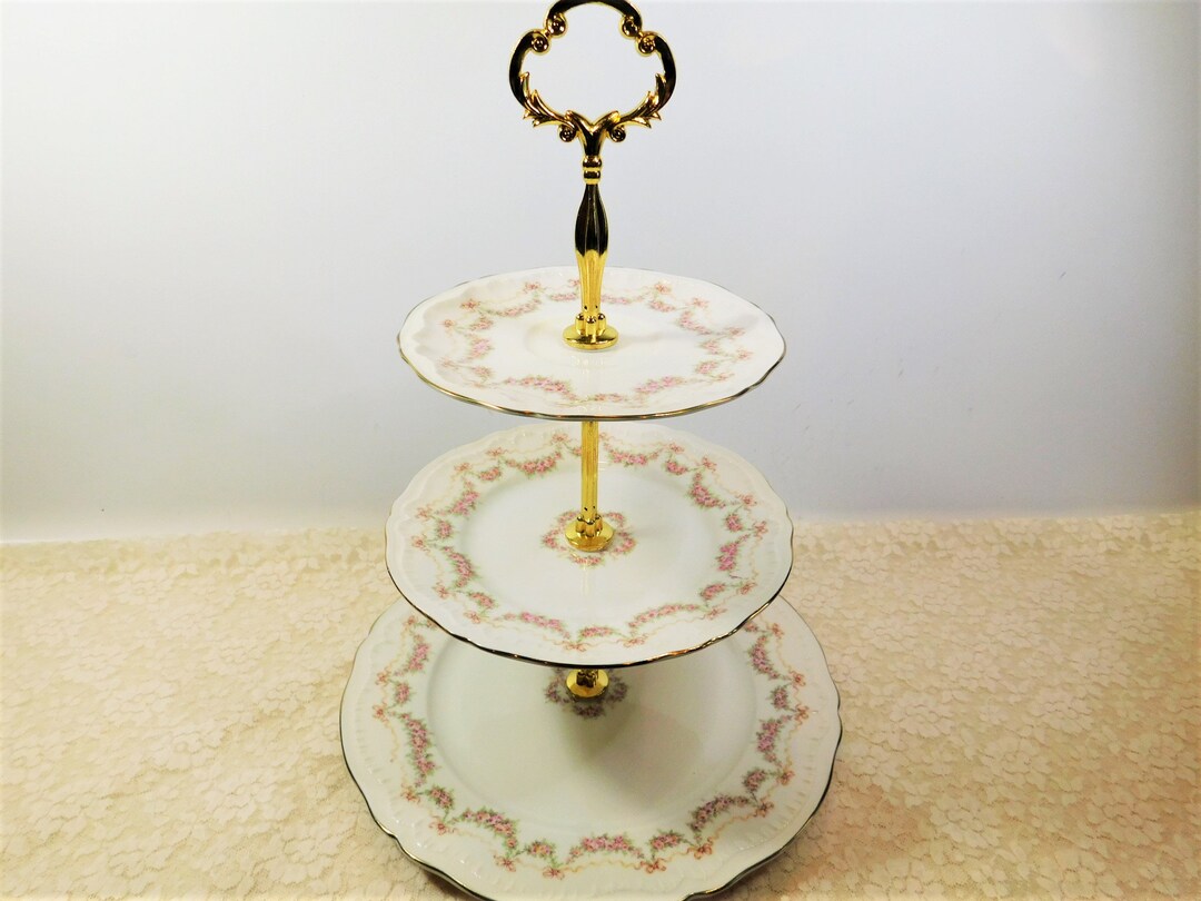 Tiered Serving Tray, Gold Trim Party Trays, Reclaimed Dishes, Gift 3 ...