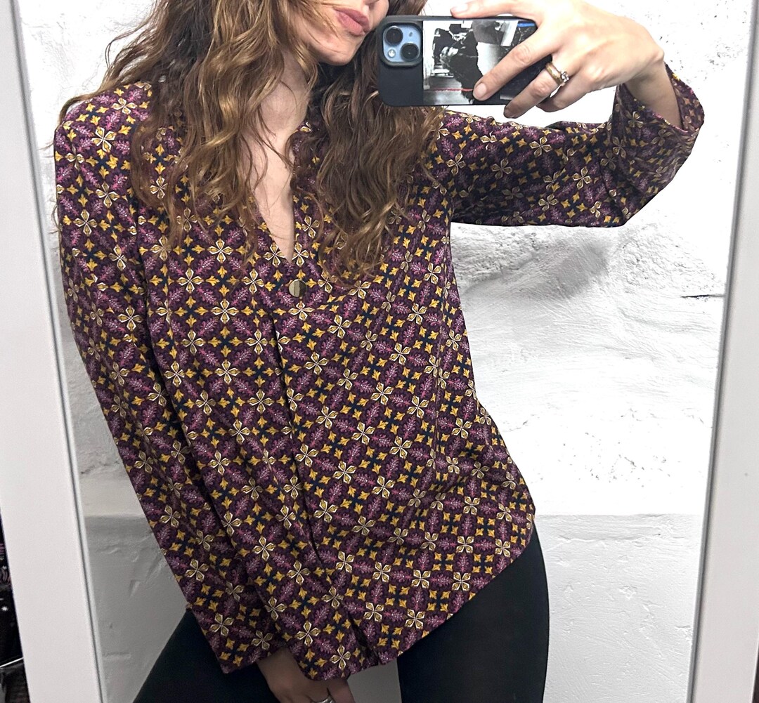 90s Patterned Colorful V Neck Blouse, Long Sleeved Fall Floral Top ...