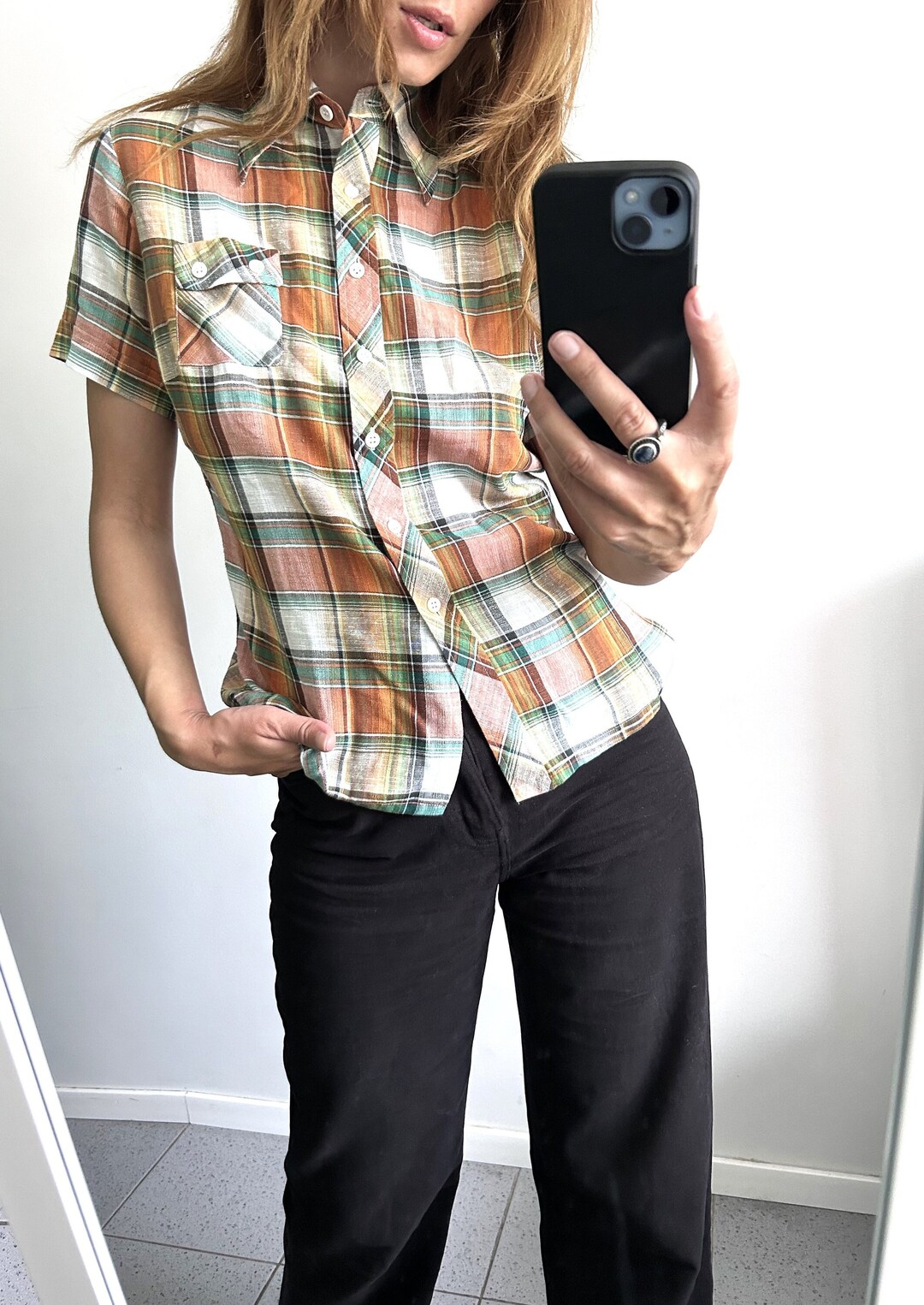 70s Plaid Preppy Shirt / Casual Smart Top / Slim Fit Buttoned Top ...