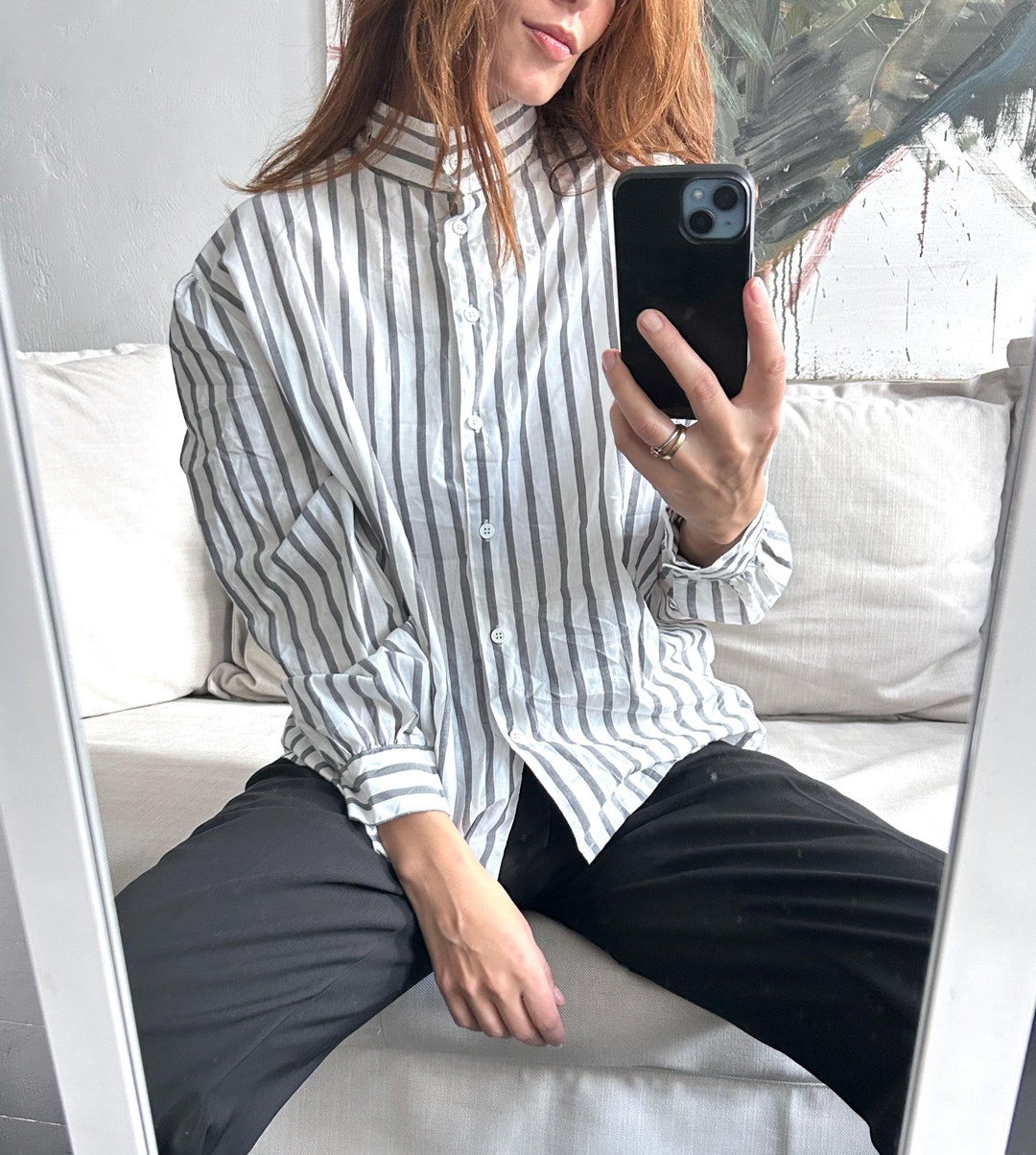 Cotton Striped Country Style Blouse / White Long Sleeved Shirt / Retro ...