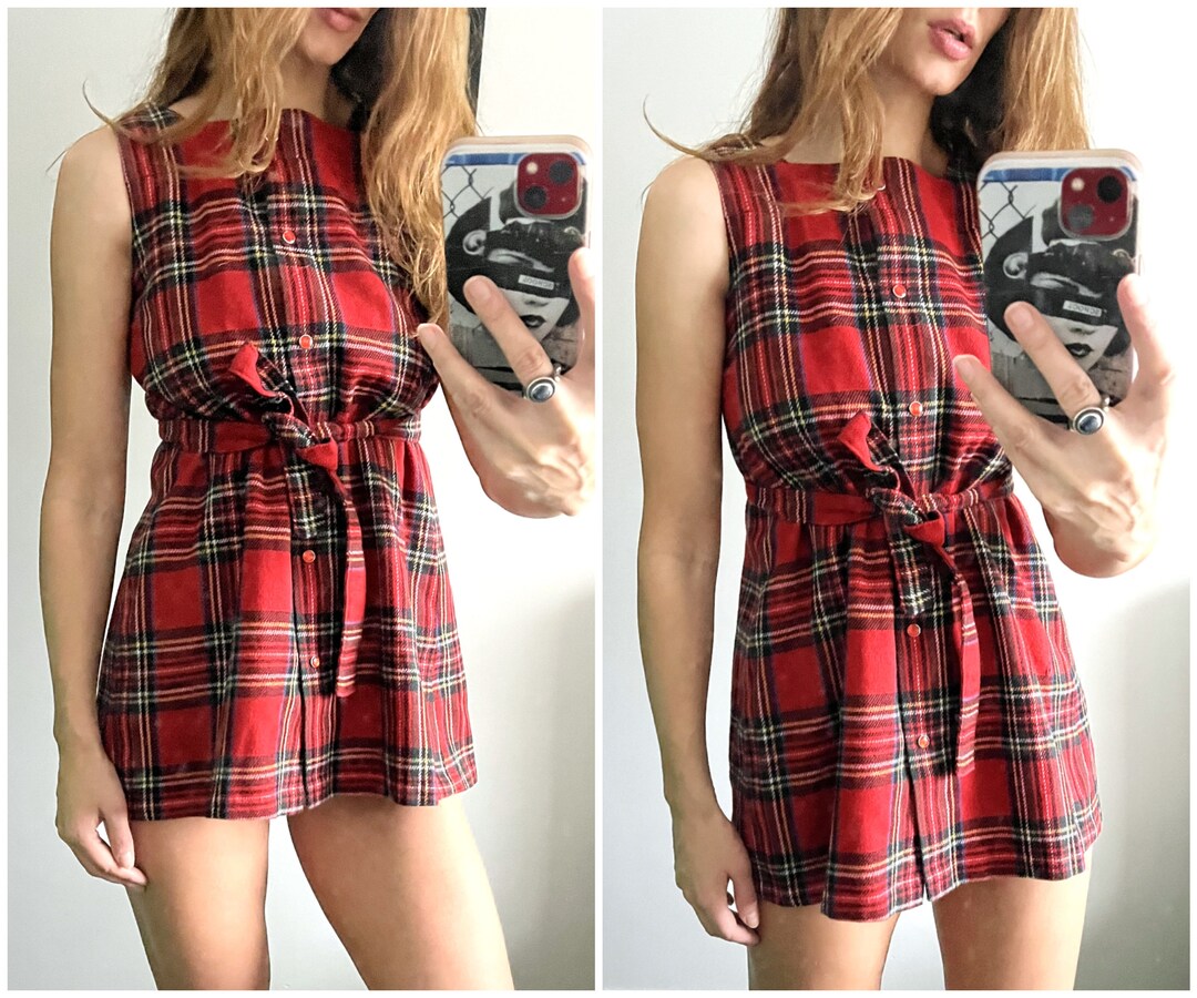 Red Tartan Dress / Wool Vintage Dress / Mini Apron Dress / - Etsy