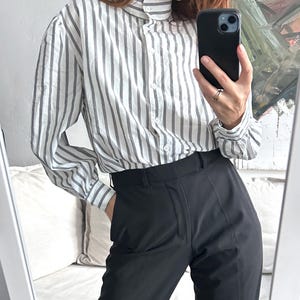 Cotton Striped Country Style Blouse / White Long Sleeved Shirt / Retro ...