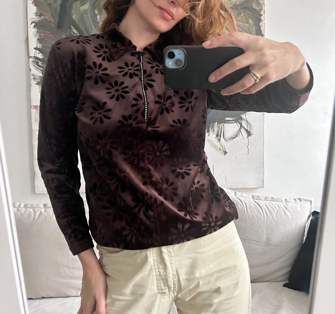 Burgundy Velvet Top / Zip Neck Blouse / Floral 90s Top / Long Sleeved ...