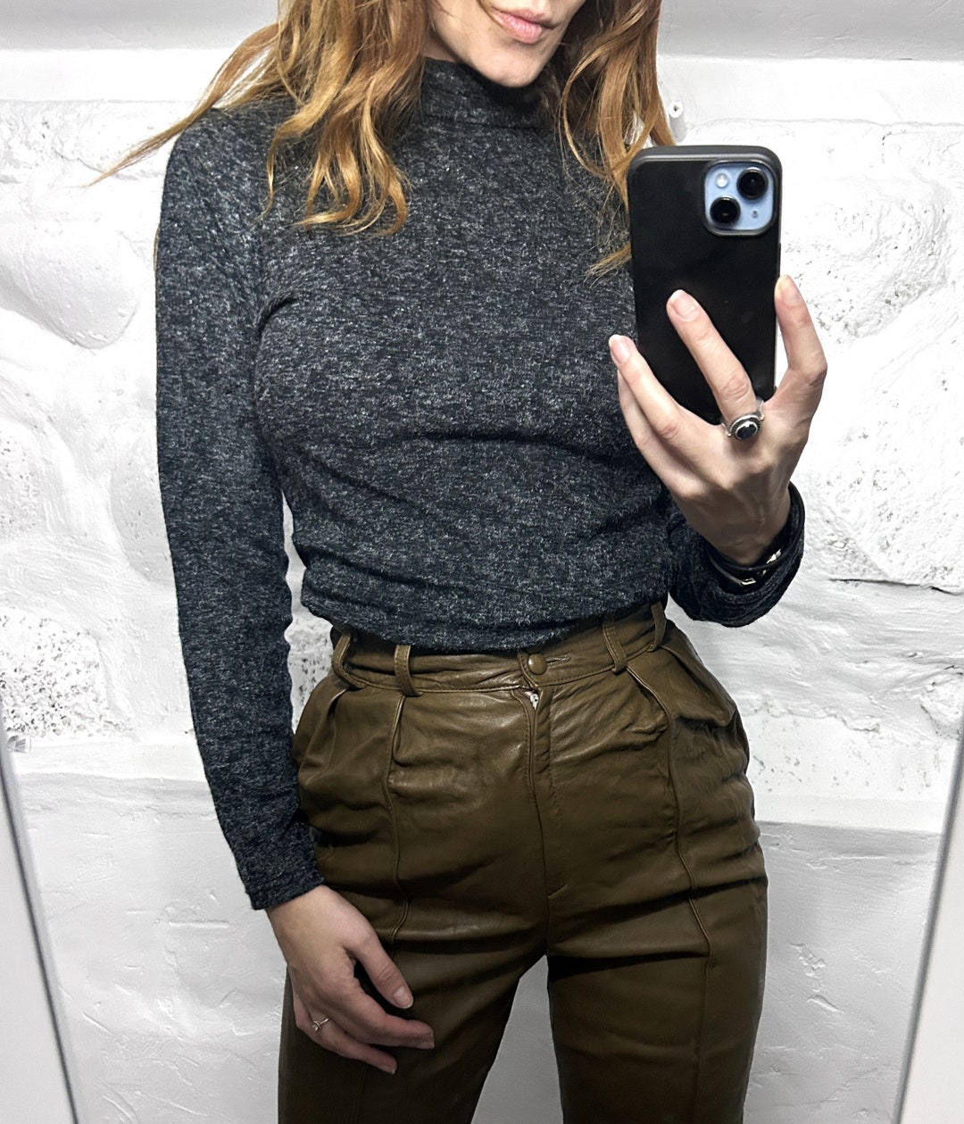 Knit Turtleneck Blouse / Gray Tight Top / High Rolled Neck Sweater ...