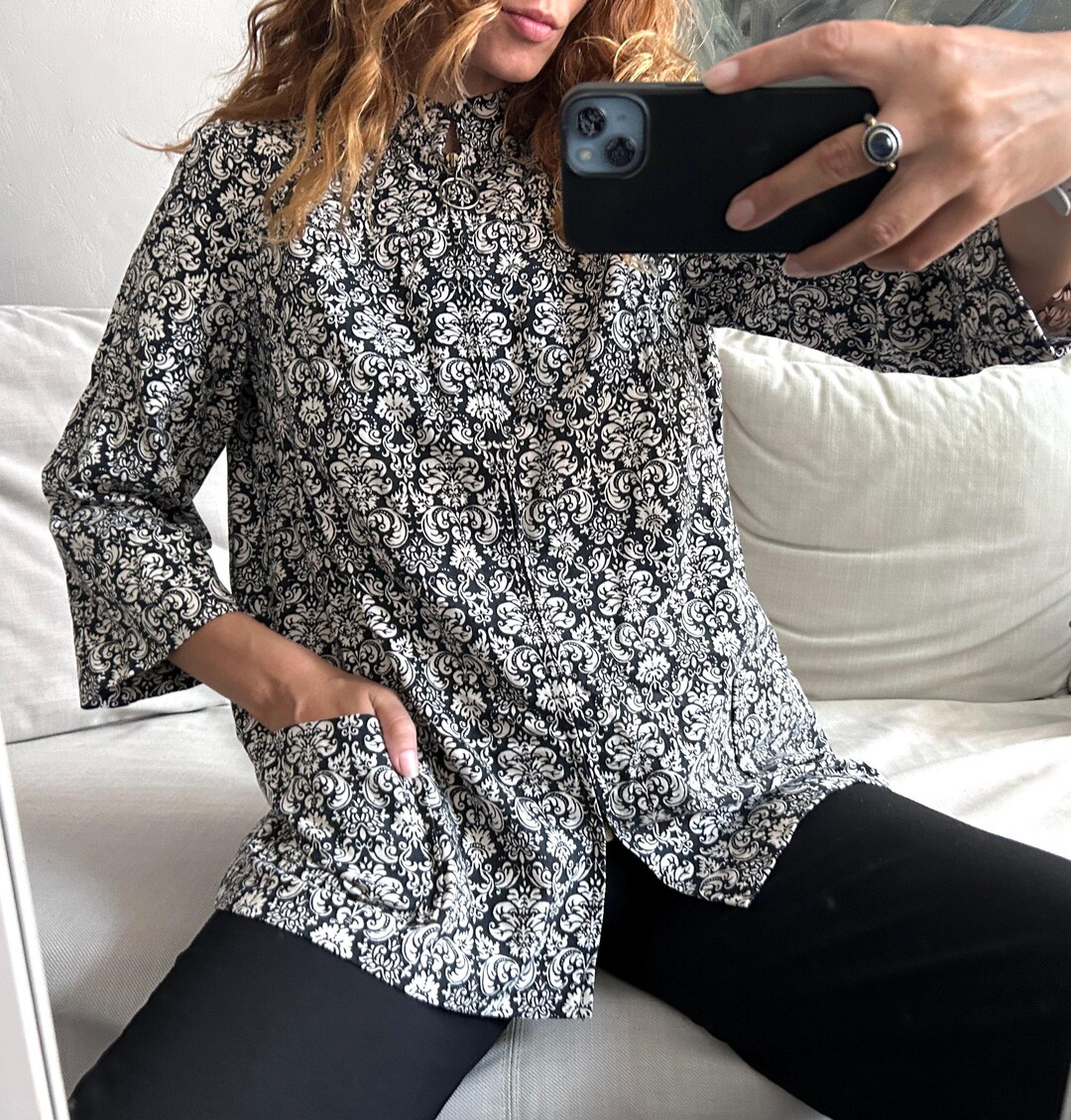 Jacquard Boho Chic Jacket / Floral Zip Jacket / Flare Jacket / Black N ...