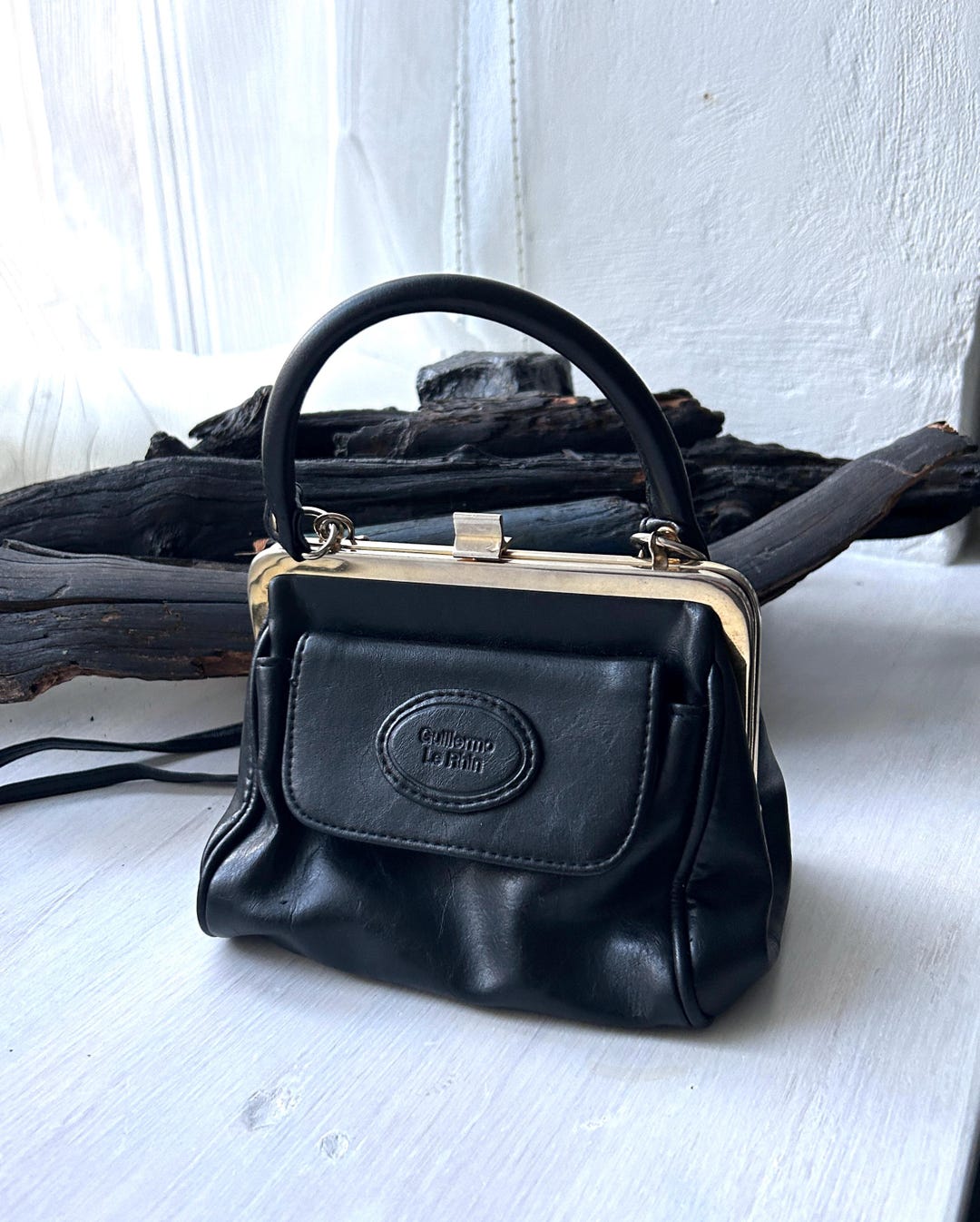 Vintage Mini Top Handle Purse With Metal Frame / Black Leather Shoulder ...