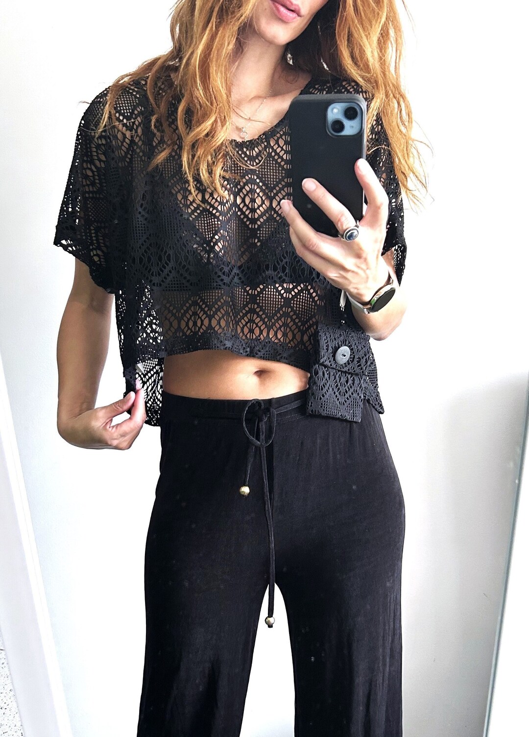 Boho Lace See Thru Crop Top Sheer Black Mesh Cropped Blouse Etsy