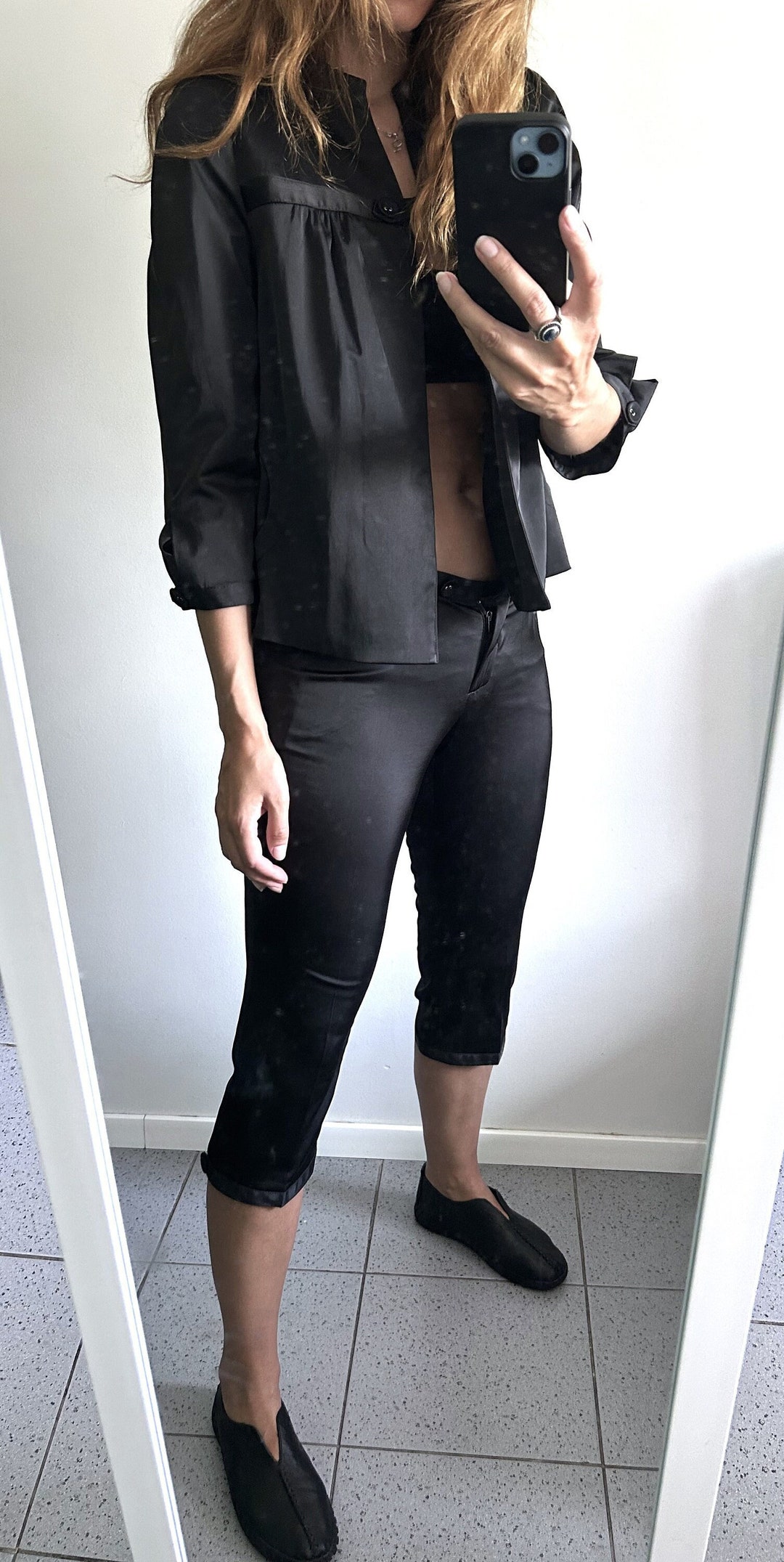 Vintage Black Satin Capri Suit Set, Two Pieces Pants Suit, XS-S - Etsy
