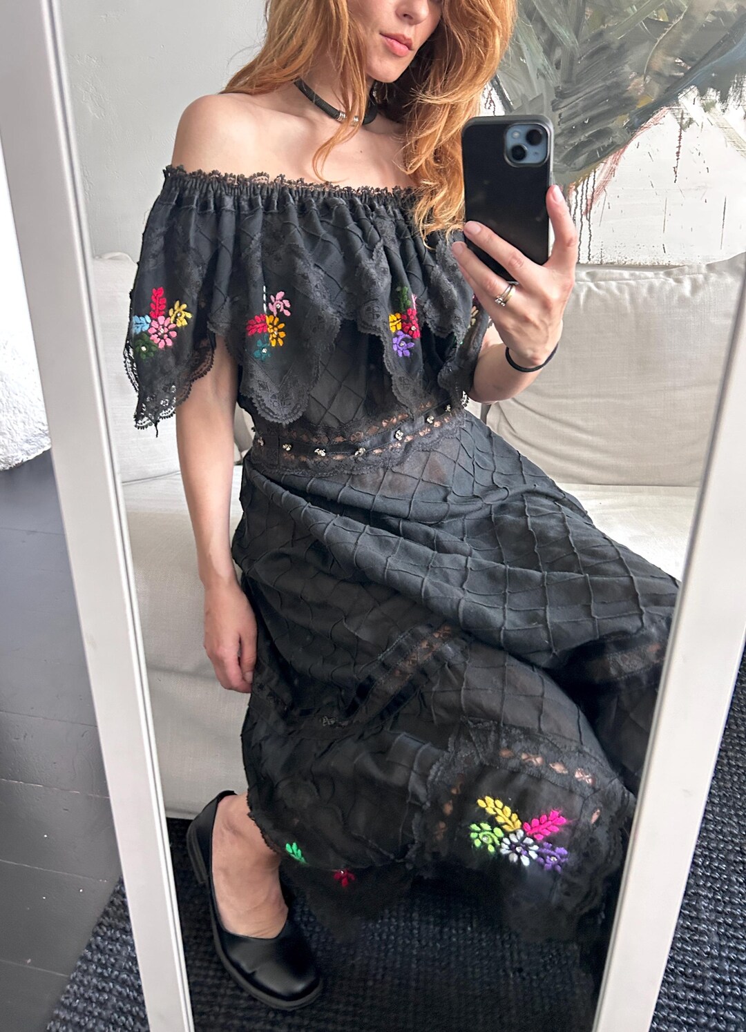 Amazing Gypsy Peasant Maxi Dress With Colorful Embroidered Flowers ...
