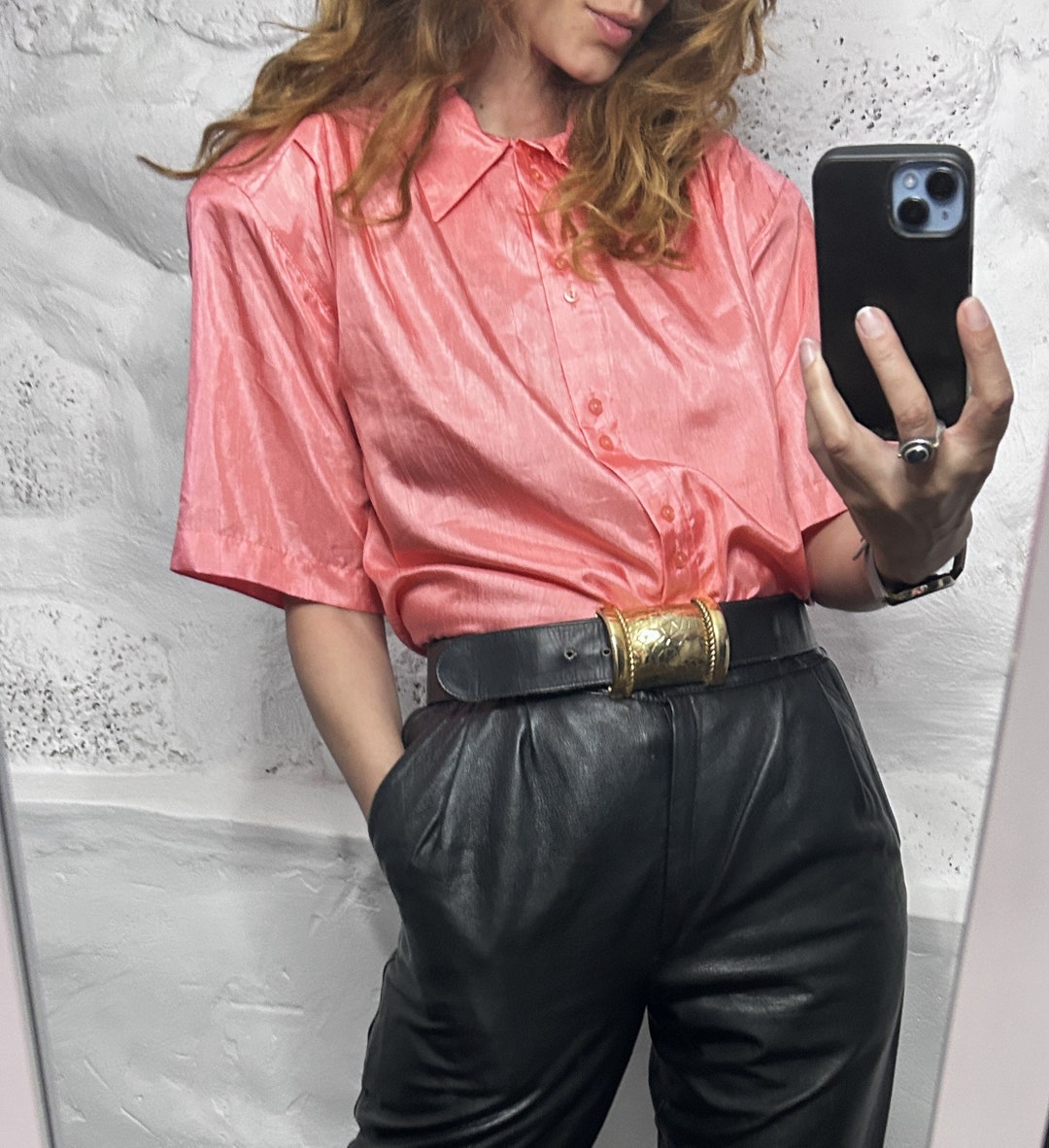 Satin Coral Blouse / Work Blouse / Vintage Shirt / Short Sleeved Top ...