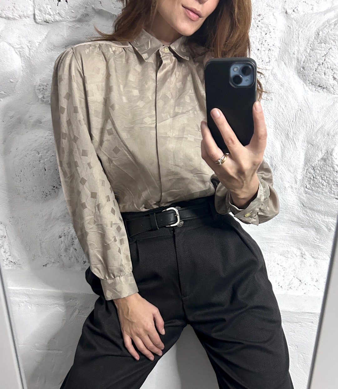 Cacao Retro Satin Blouse / up Shoulders Blouse / Parisian Lady Blouse ...