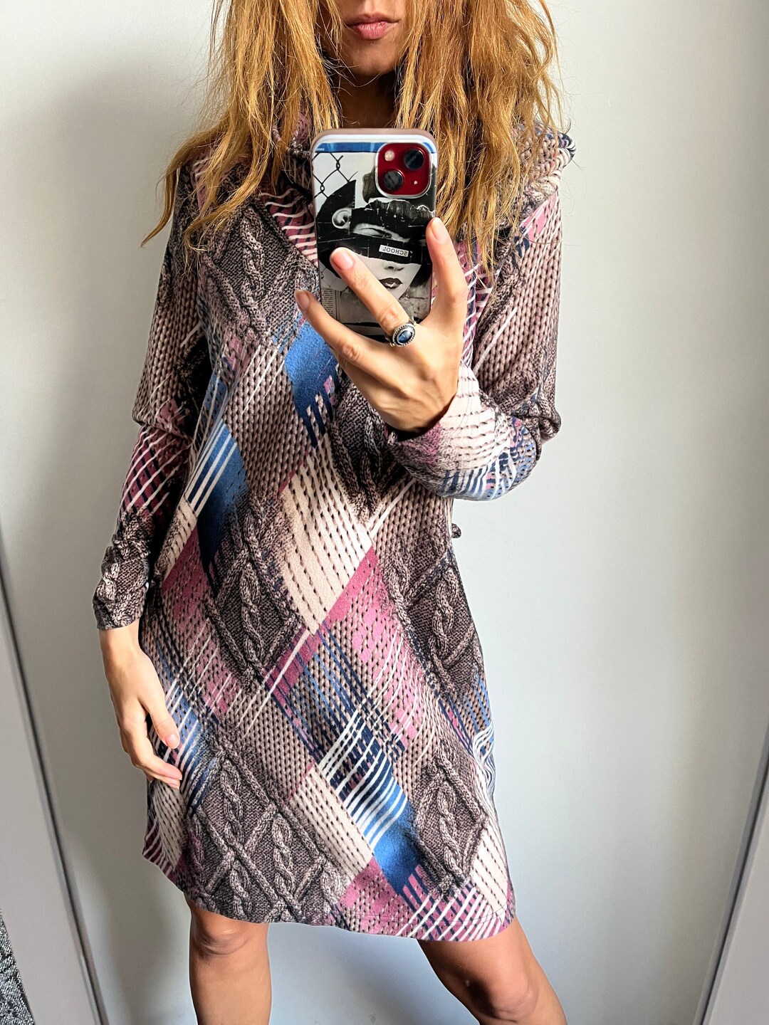 Retro Geo Print Shift Dress / Long Sleeves Dress / Cowl Neck Dress ...
