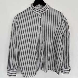 Cotton Striped Country Style Blouse / White Long Sleeved Shirt / Retro ...