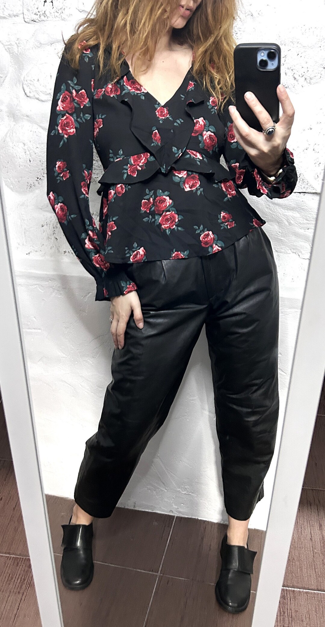 Red Rose Print Blouse / Black Floral Blouse / Feminine Blouse / Ruffle ...