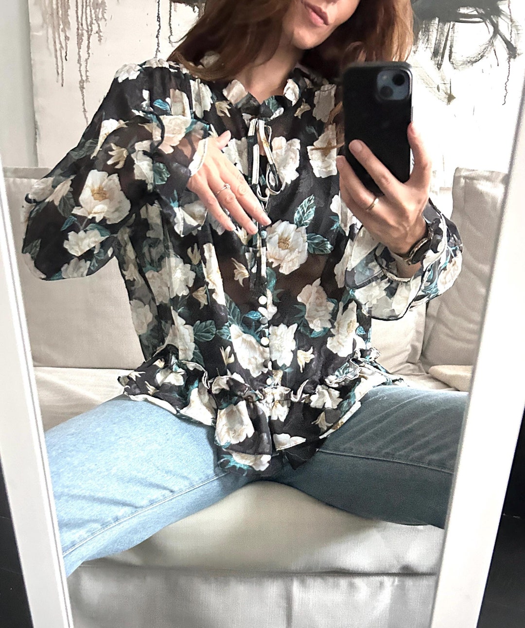 Chiffon Black Floral Blouse / Romantic Feminine Blouse / Extra Large Blouse / Sheer Evening ...