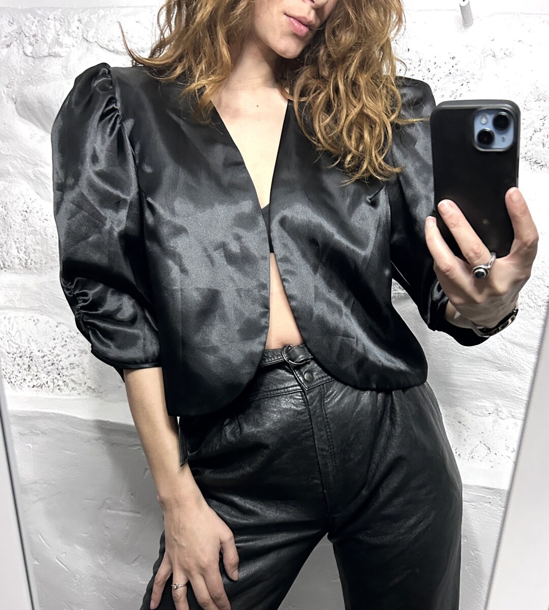 Crop Satin Jacket / Black Cropped Top / Victorian Jacket With Puff ...