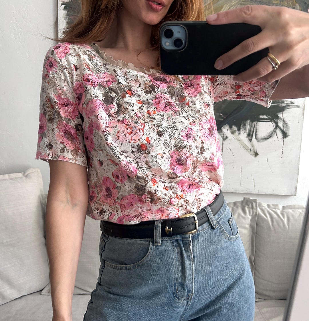 Cute Romantic Pink Roses Print Blouse / Mesh Floral Top / Ruffle Top ...