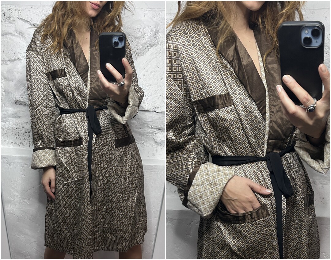 Brown Satin Robe / Unisex Night Wear / Printed Robe / Bed Wear / Retro ...