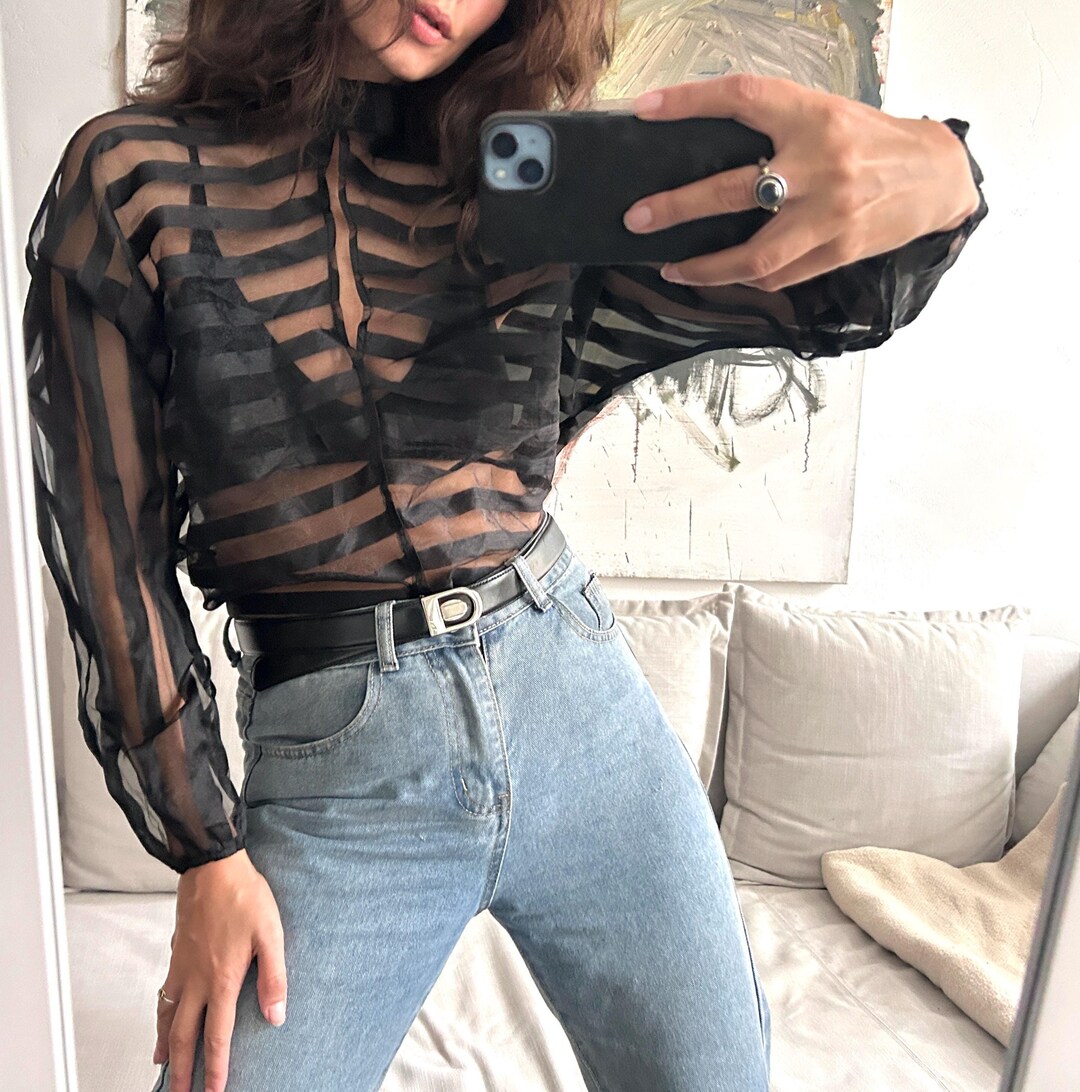 Sheer Black Blouse / Evening Sexy Top / Striped Top / Unique Designed ...