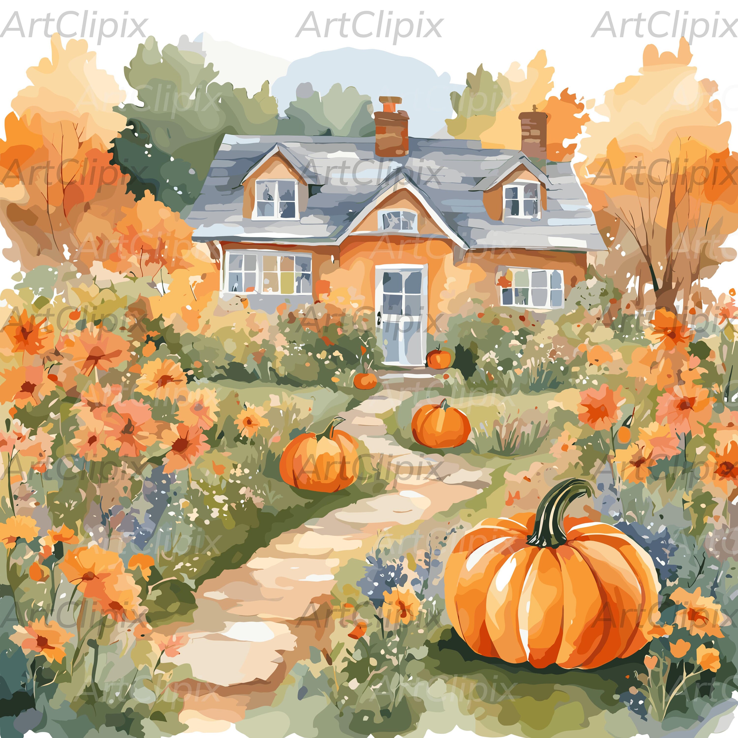 Charming Cottage With Pumpkin Garden Fall and Halloween Digital Art PNG ...