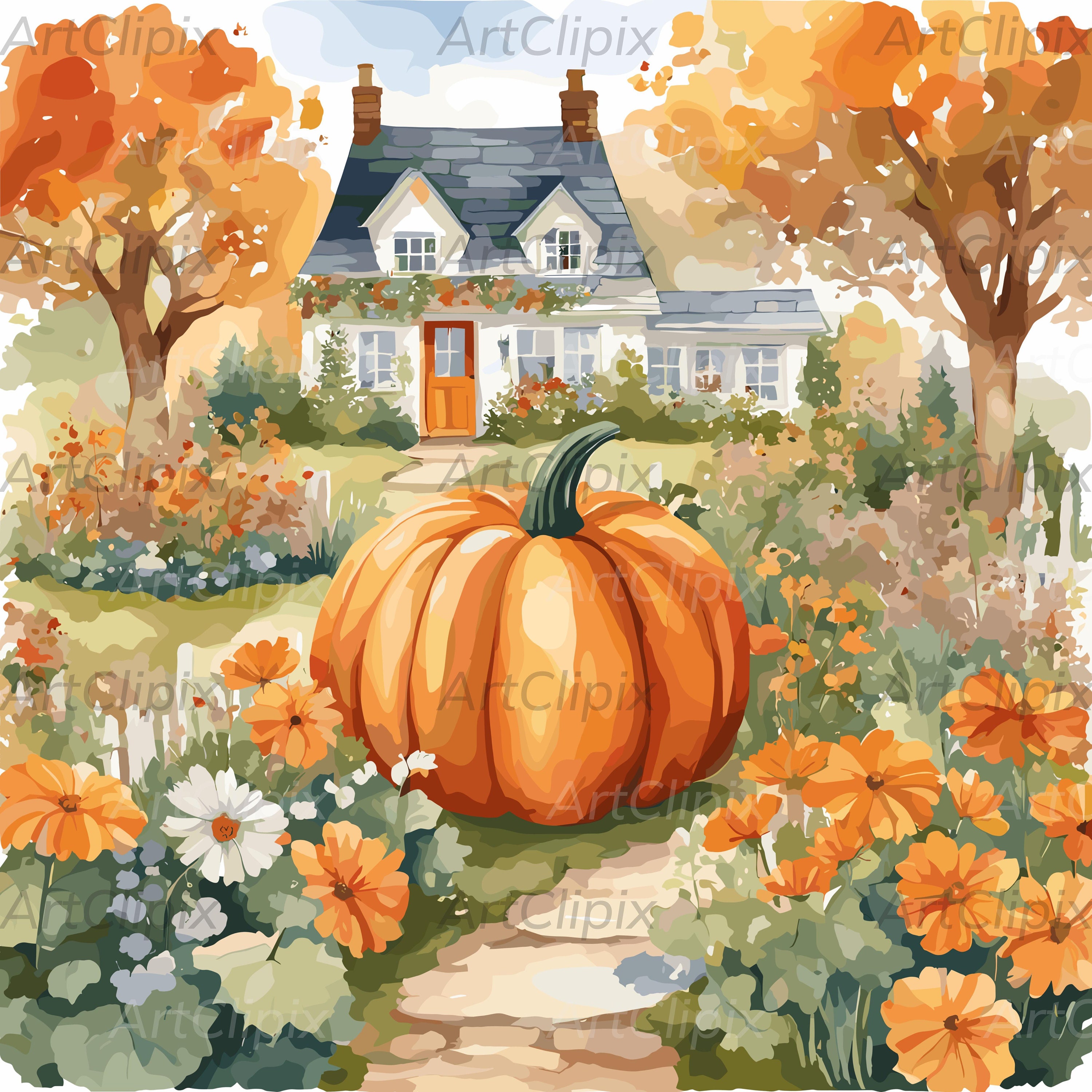 Charming Cottage With Pumpkin Garden Fall and Halloween Digital Art PNG ...