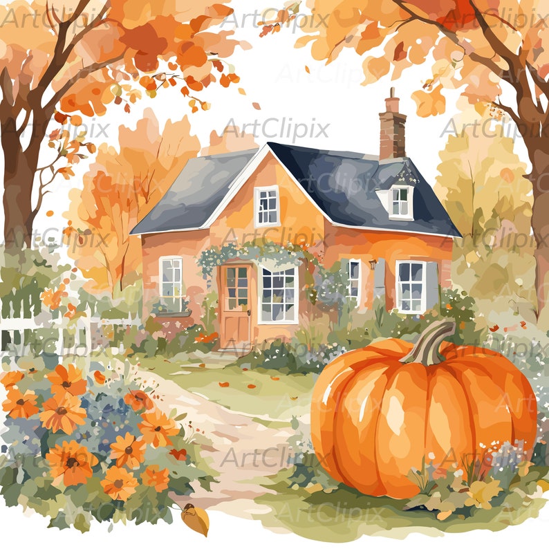 Charming Cottage With Pumpkin Garden Fall and Halloween Digital Art PNG ...