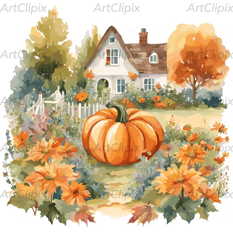 Charming Cottage With Pumpkin Garden Fall and Halloween Digital Art PNG ...